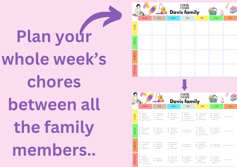 Family Chore Chart for 3, Editable Family Planner Printable, Weekly ...