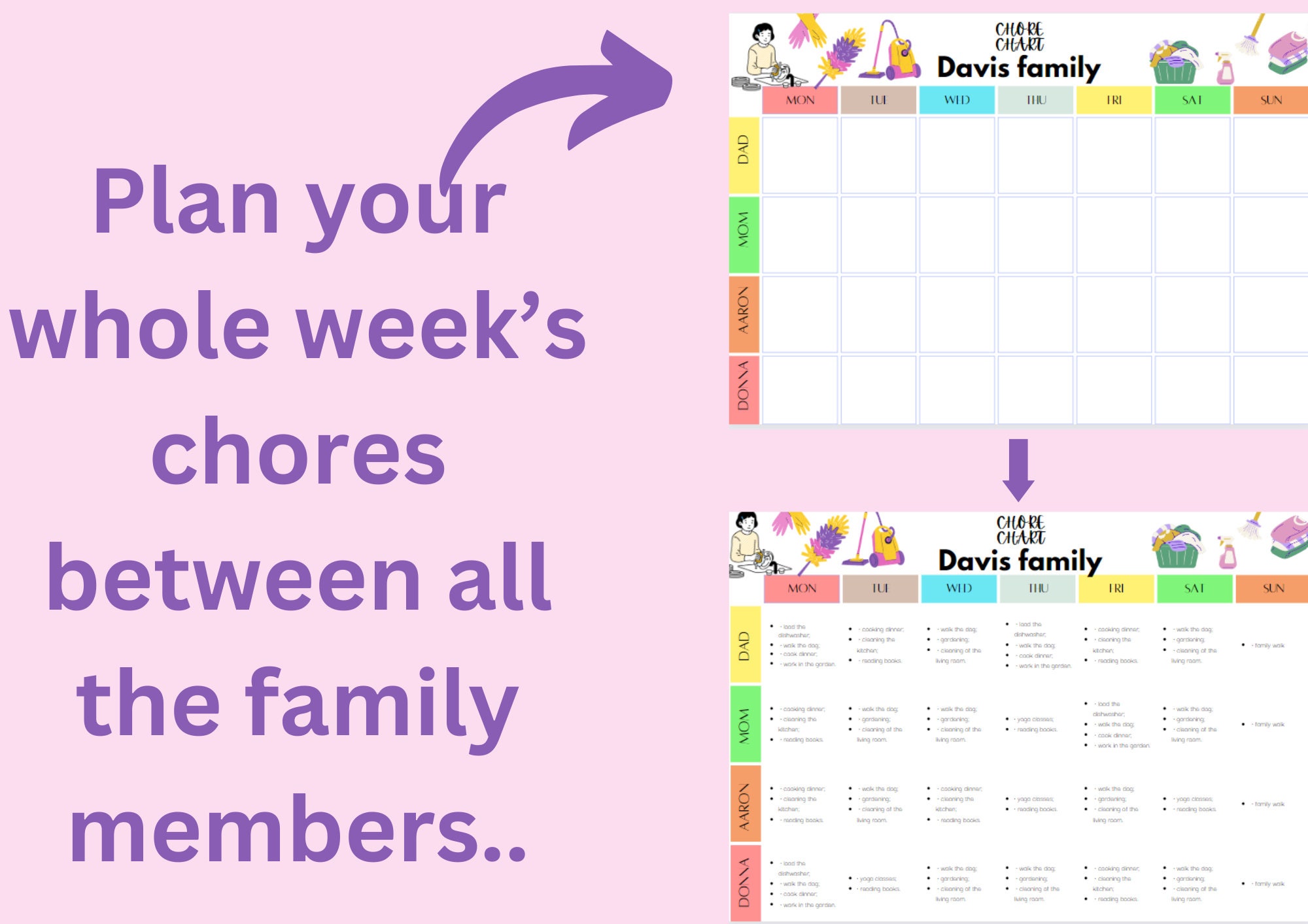 Family Chore Chart for 3, Editable Family Planner Printable, Weekly ...