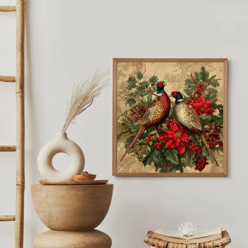 Vintage Christmas Pheasant Print, Fall Accent, Rustic Farmhouse Style ...