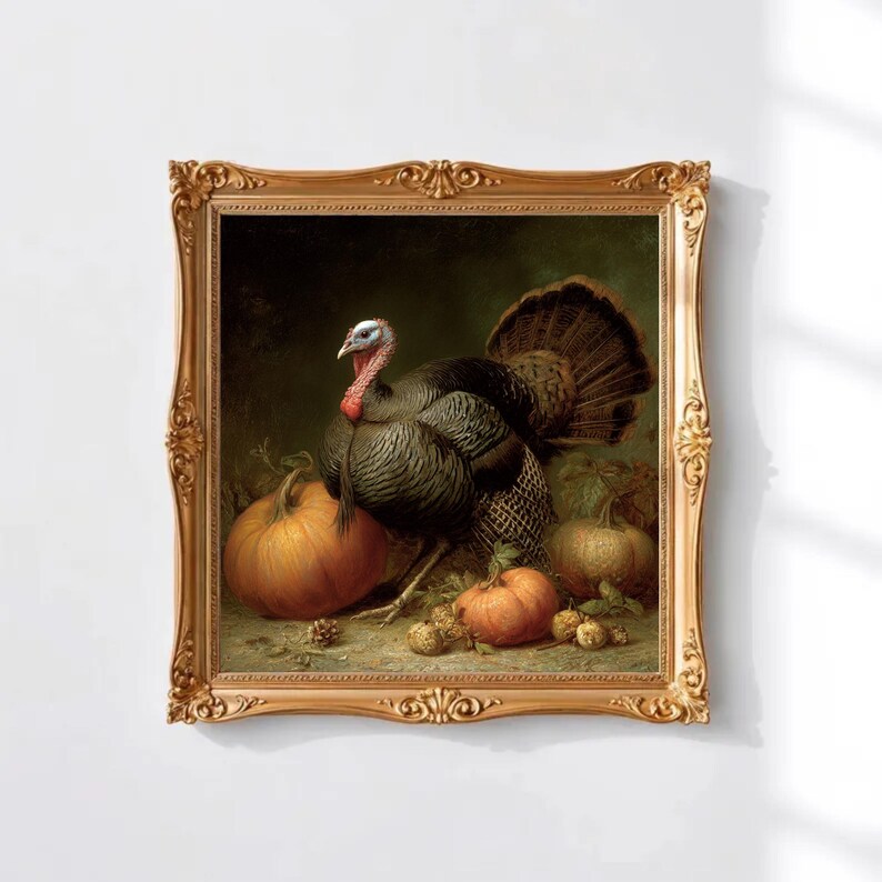Vintage Turkey and Pumpkins Print, Wildlife Hunter Cabin Decor, Fall ...