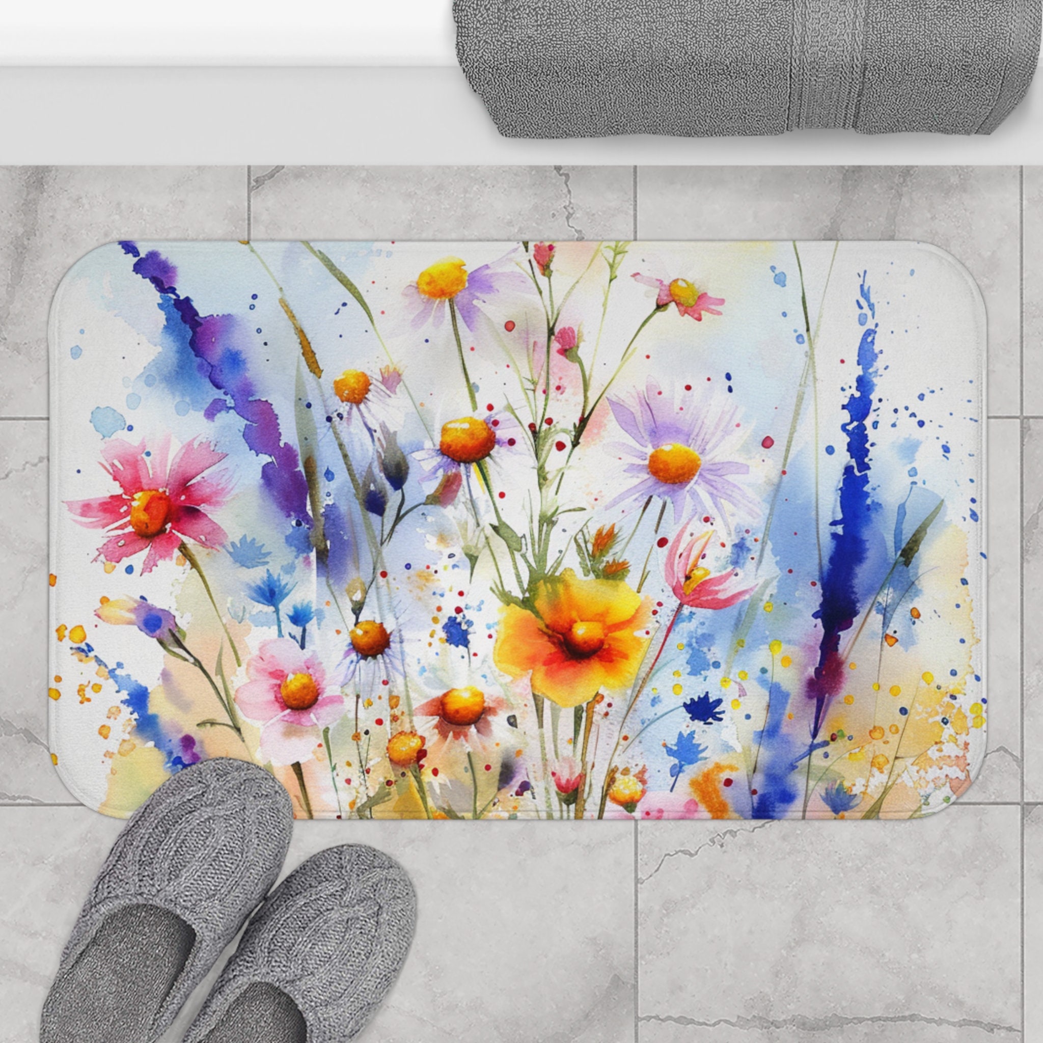 Wildflowers Bath Mat Colorful Floral Bathroom Décor White Blue Green ...
