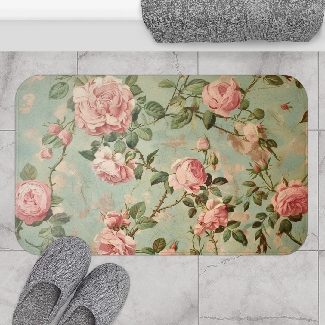 Pink Bold Roses Shabby Chic Bath Mat, Vintage Bathroom Decor, Vintage ...