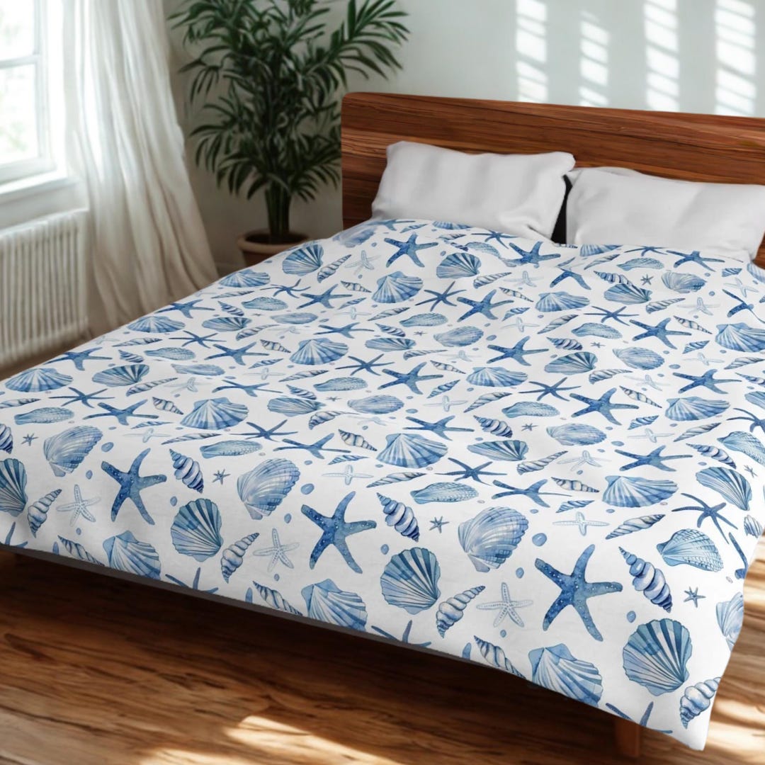 Watercolor Coastal Duvet Cover | Blue Seashells & Starfish | Minimal ...