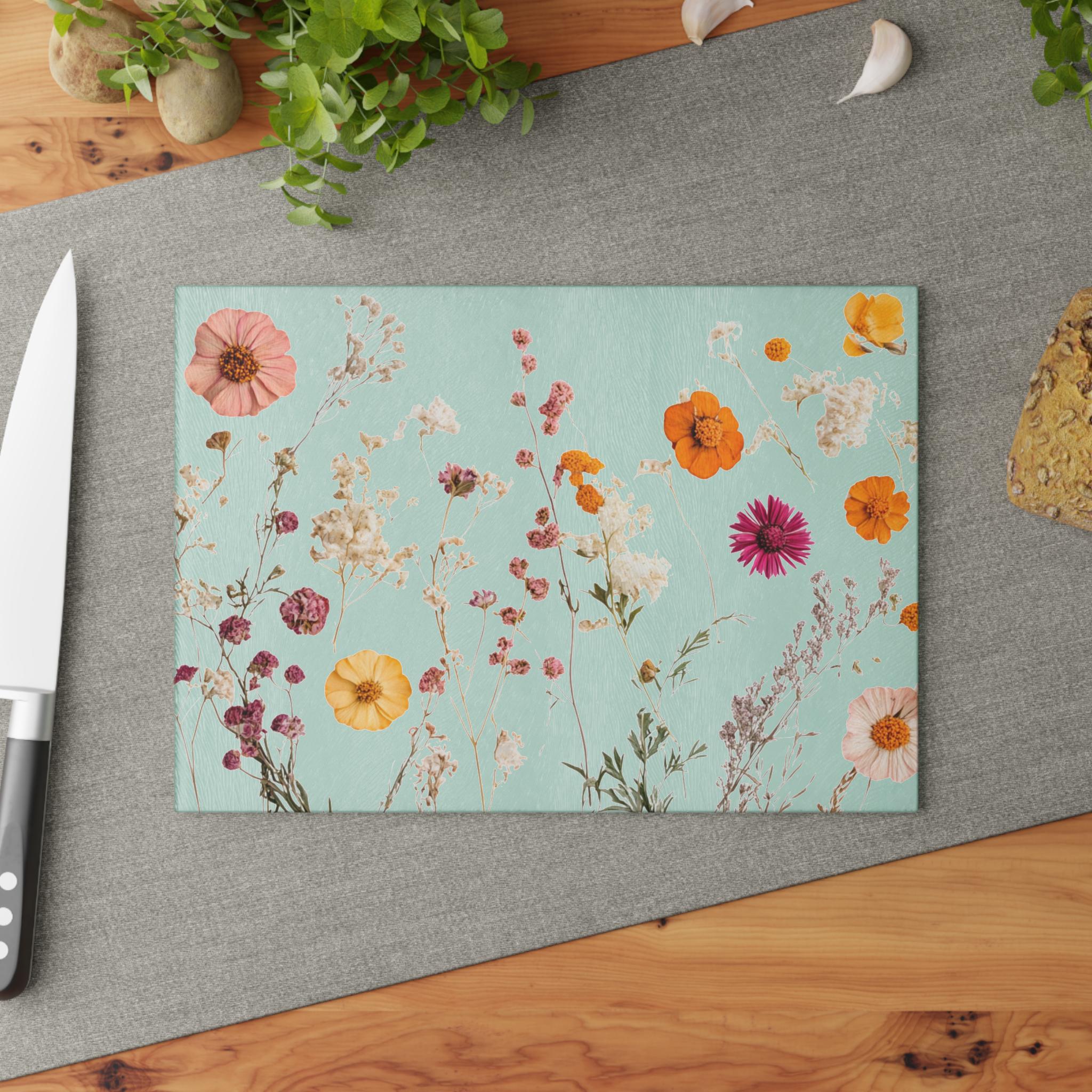 Cottagecore Dried Flower Glass Cutting Board Tempered Glass Charcuterie ...