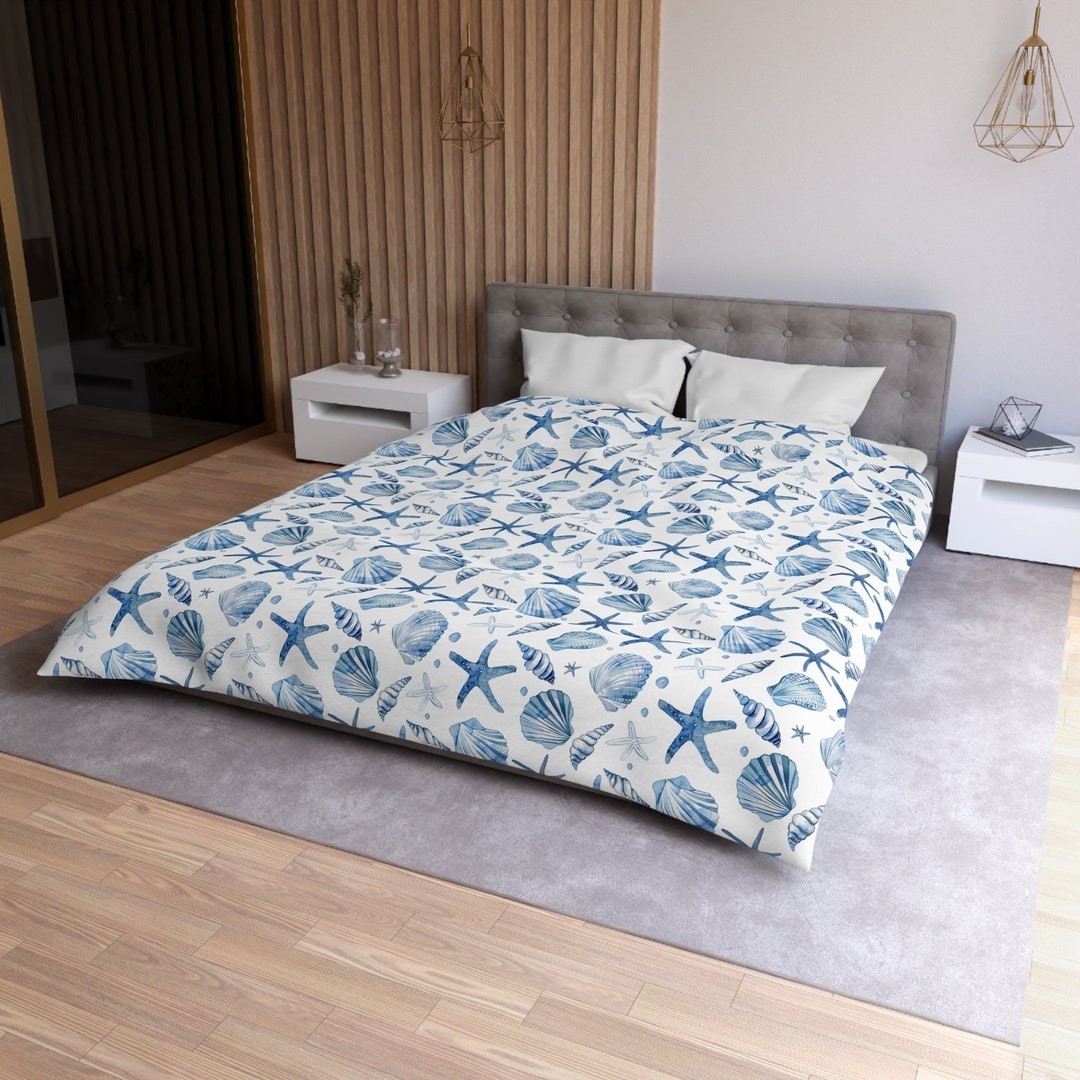 Watercolor Coastal Duvet Cover | Blue Seashells & Starfish | Minimal ...