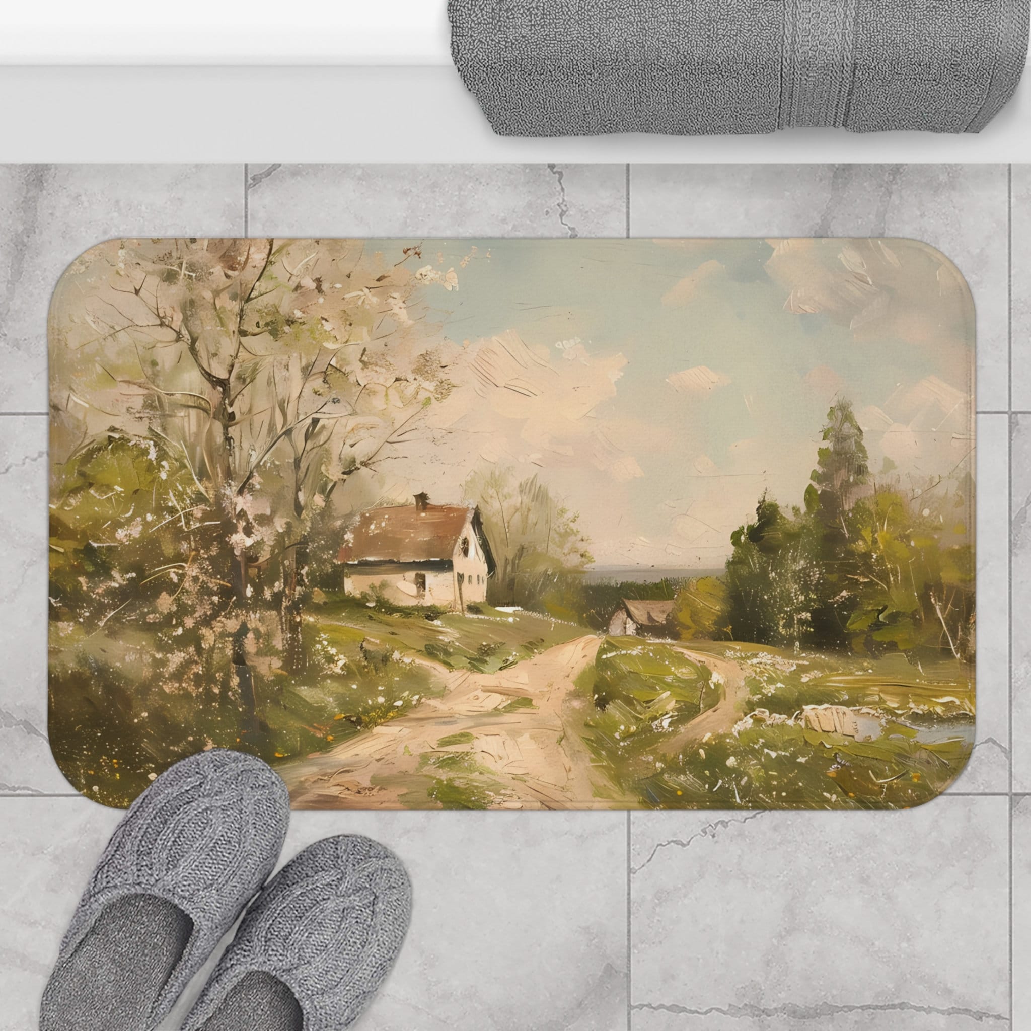 Vintage Oil Painting Bath Mat Country Road Farmhouse Bath Mat ...