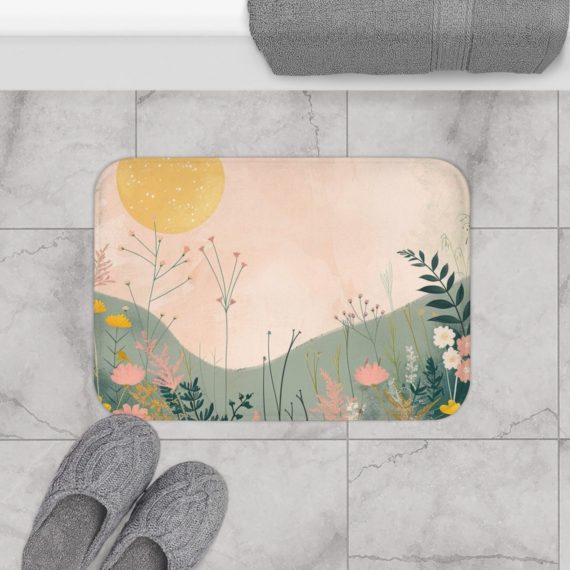 Boho Bath Mat Spring Sun Woman Cave Bath Mat Floral Green Pink Vintage ...