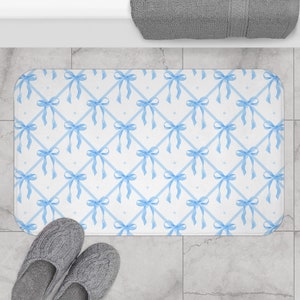 Blue White Bow Bath Mat | Blue White Ribbon Design | Grandmillennial ...