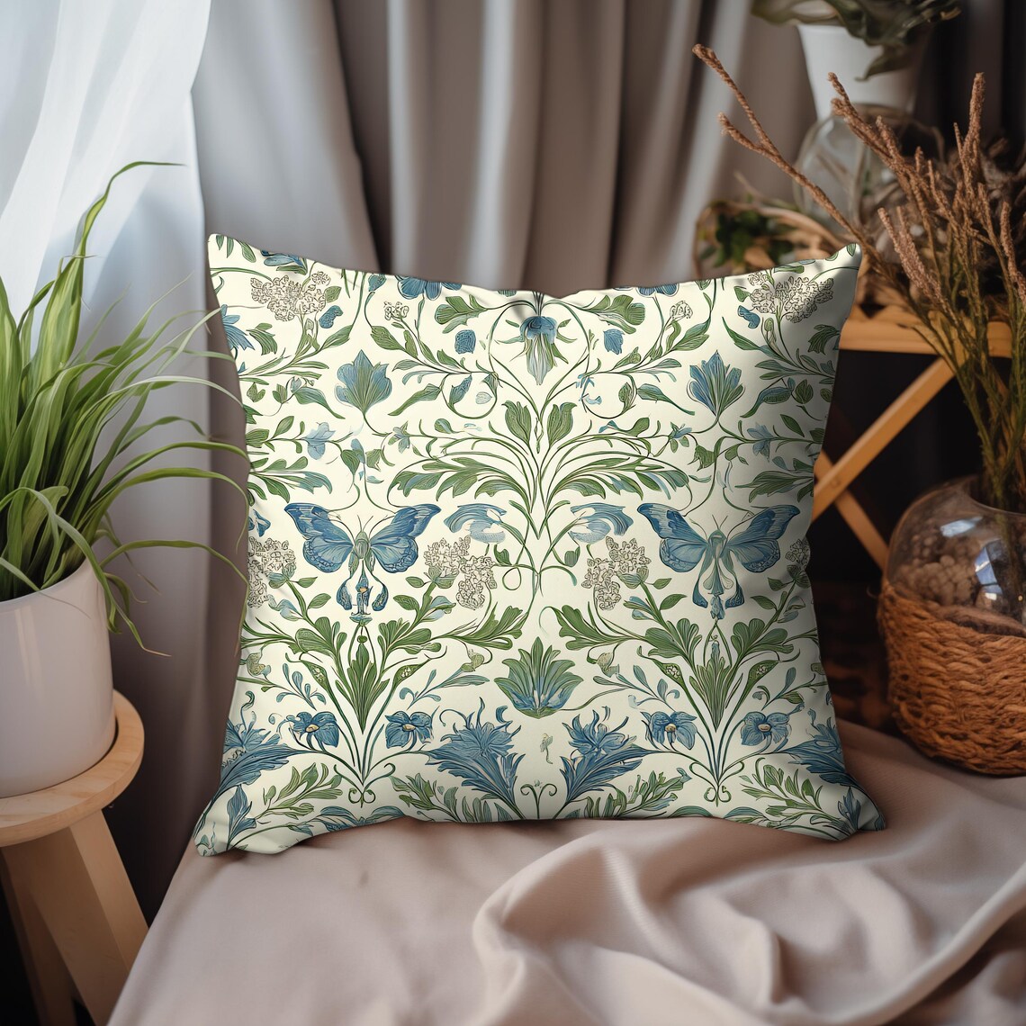 Vintage Botanical Blue Green Floral Throw Pillow Cover, Victorian Style ...