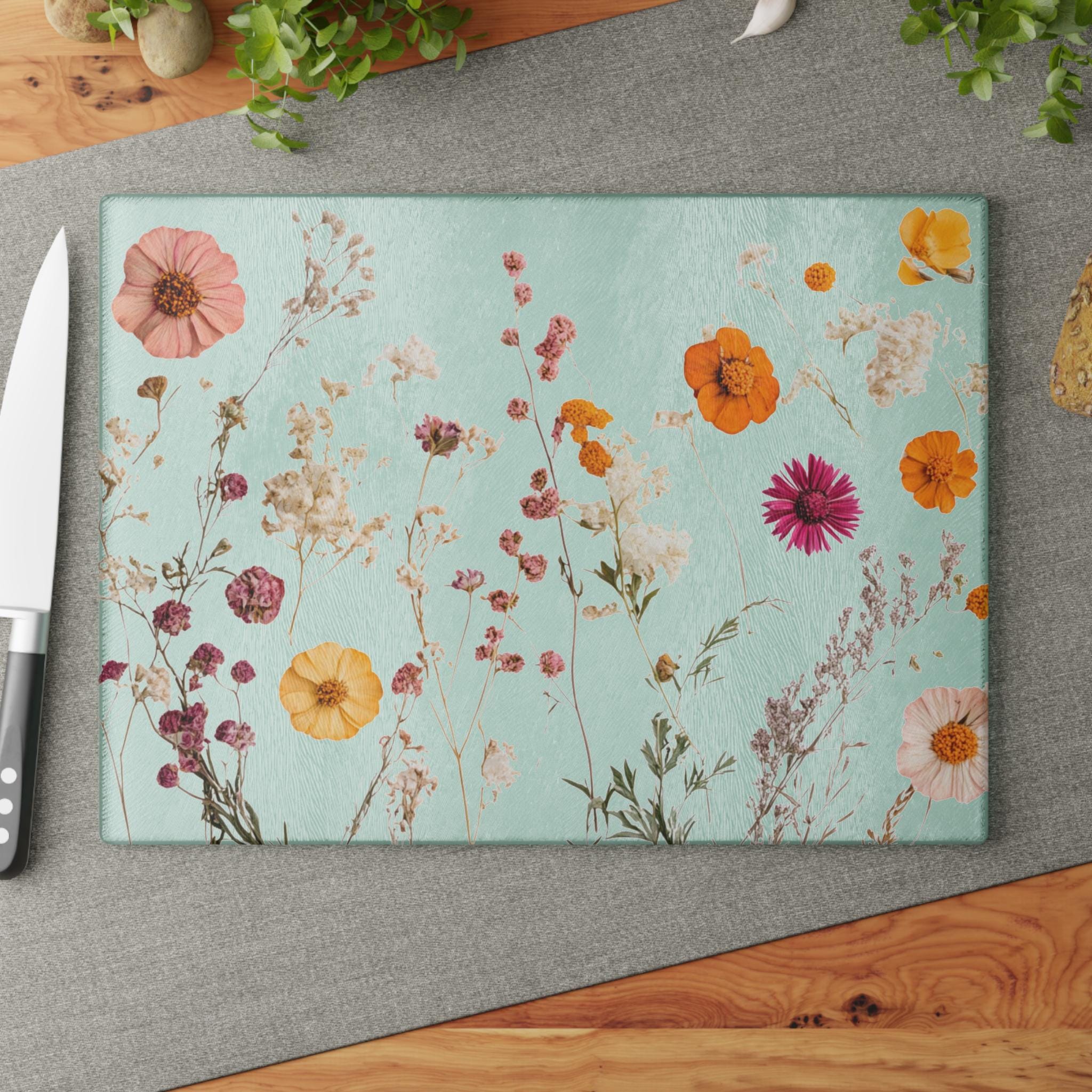 Cottagecore Dried Flower Glass Cutting Board Tempered Glass Charcuterie ...