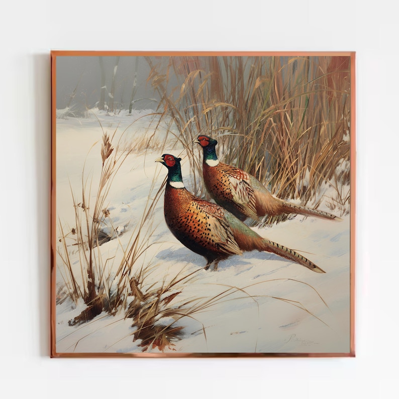 Vintage Pheasants in Snow Print, Wildlife Hunter Cabin Decor, Fall ...