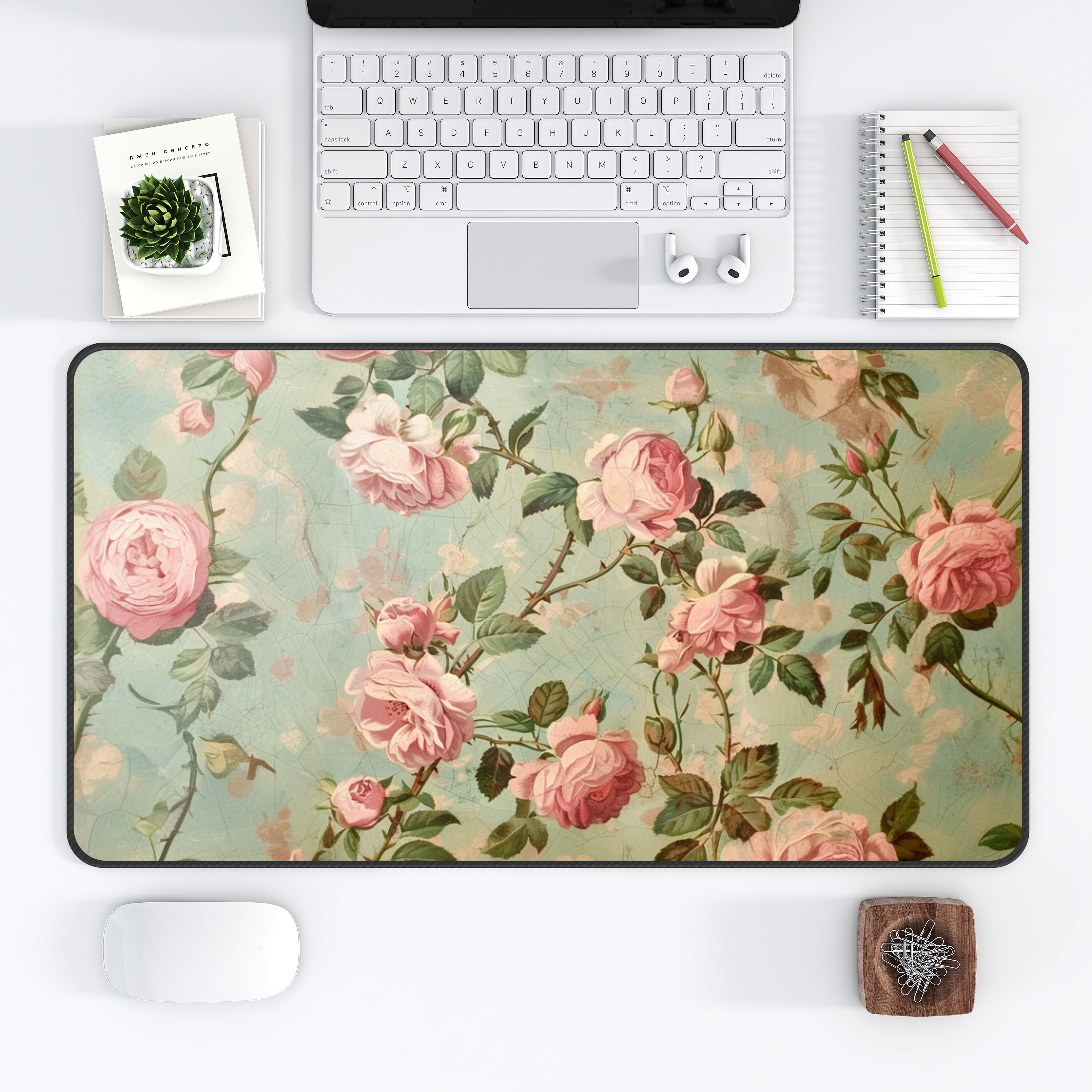 Pink Bold Roses Shabby Chic Desk Mat Vintage Desk Mat Country Cottage ...