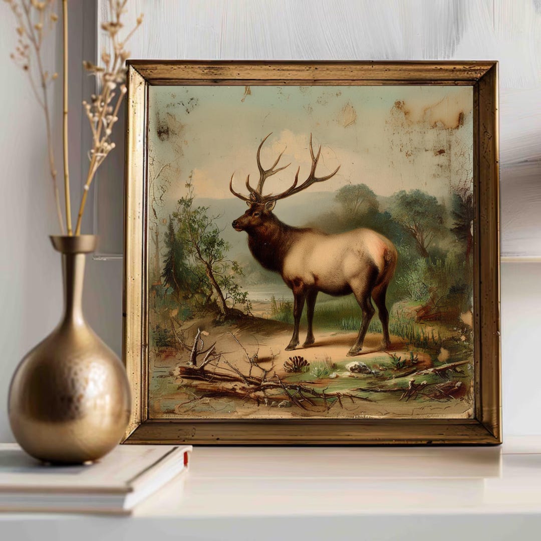 Vintage Elk Wildlife Hunter Cabin Decor Print, Fall Accent, Rustic ...
