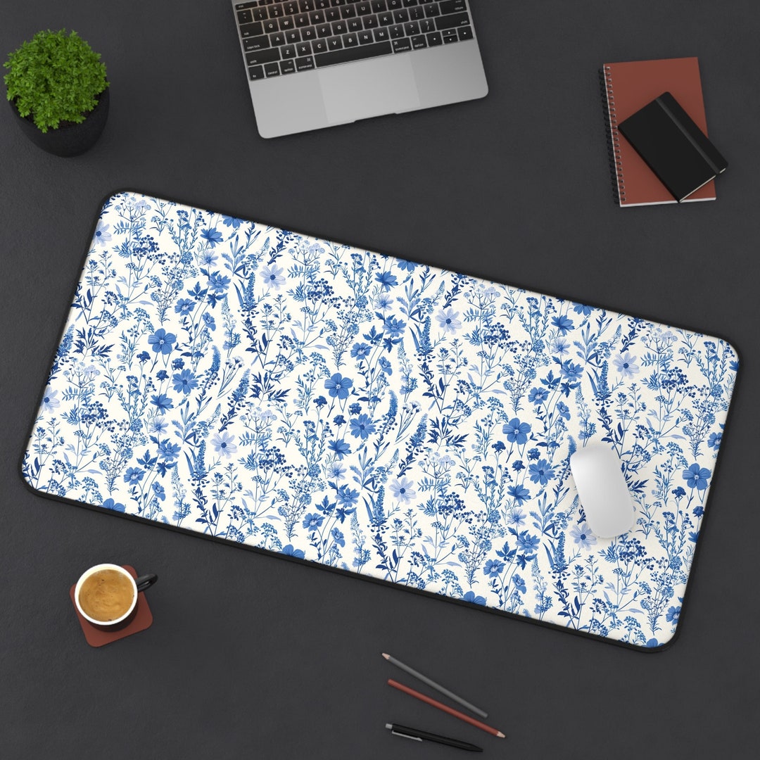 Vintage Toile Floral Desk Mat Blue Toile De Jouy Cottagecore Desk Mat ...