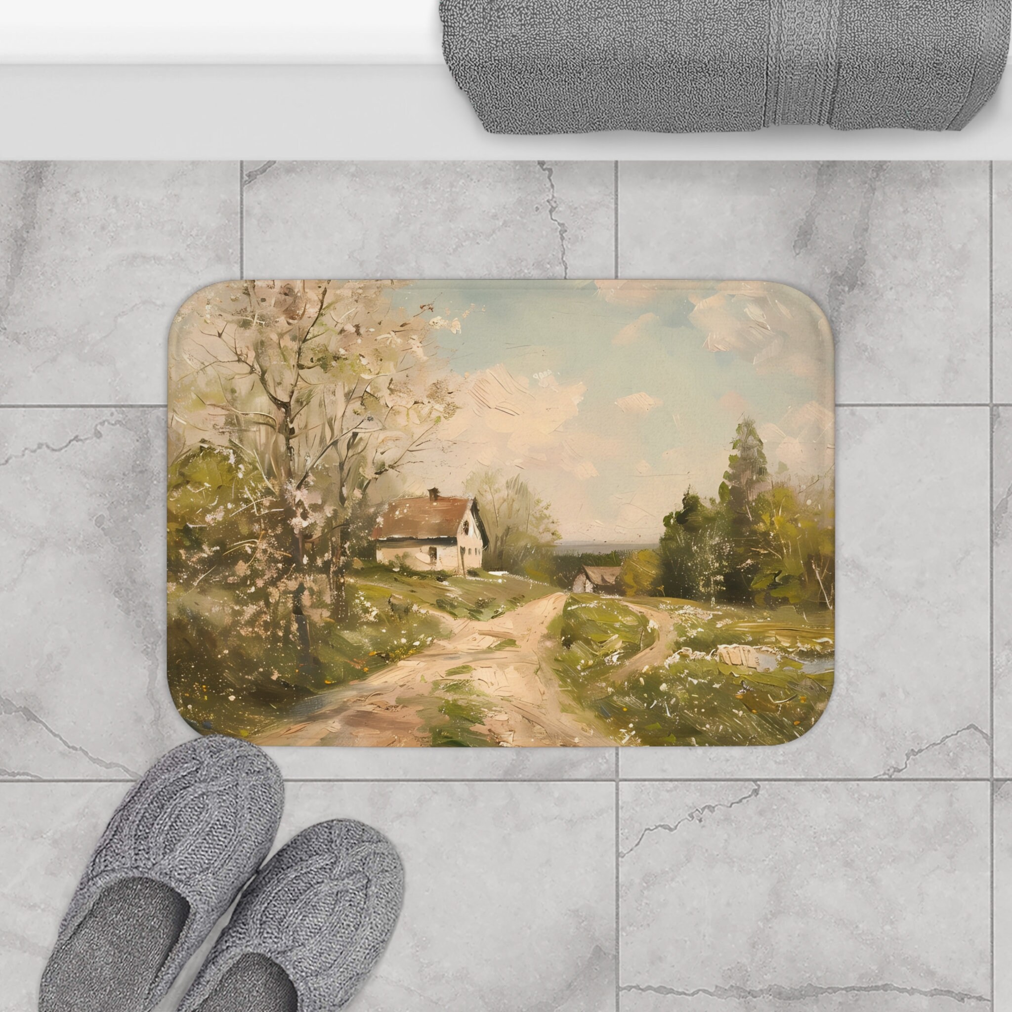 Vintage Oil Painting Bath Mat Country Road Farmhouse Bath Mat ...