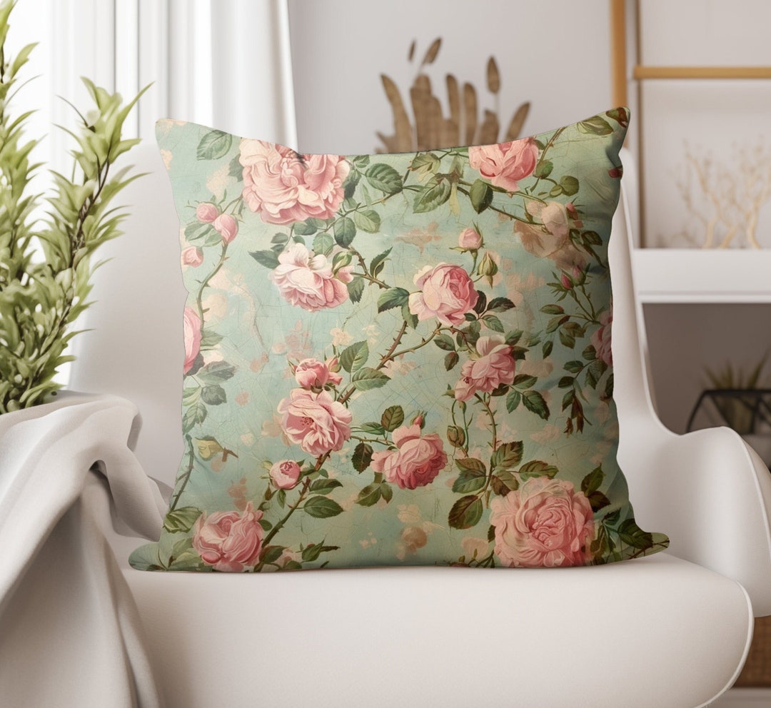 Pink Bold Roses Shabby Chic Throw Pillow, Vintage Pillow, Country ...