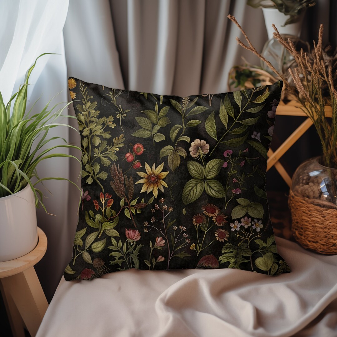 Dark Academia Cottagecore Black Throw Pillow Vintage Apothecary Herbs ...