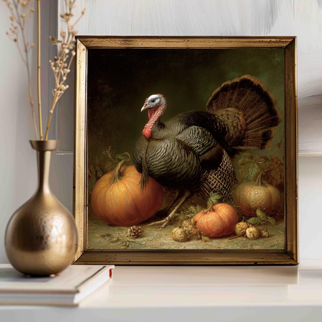 Vintage Turkey and Pumpkins Print, Wildlife Hunter Cabin Decor, Fall ...