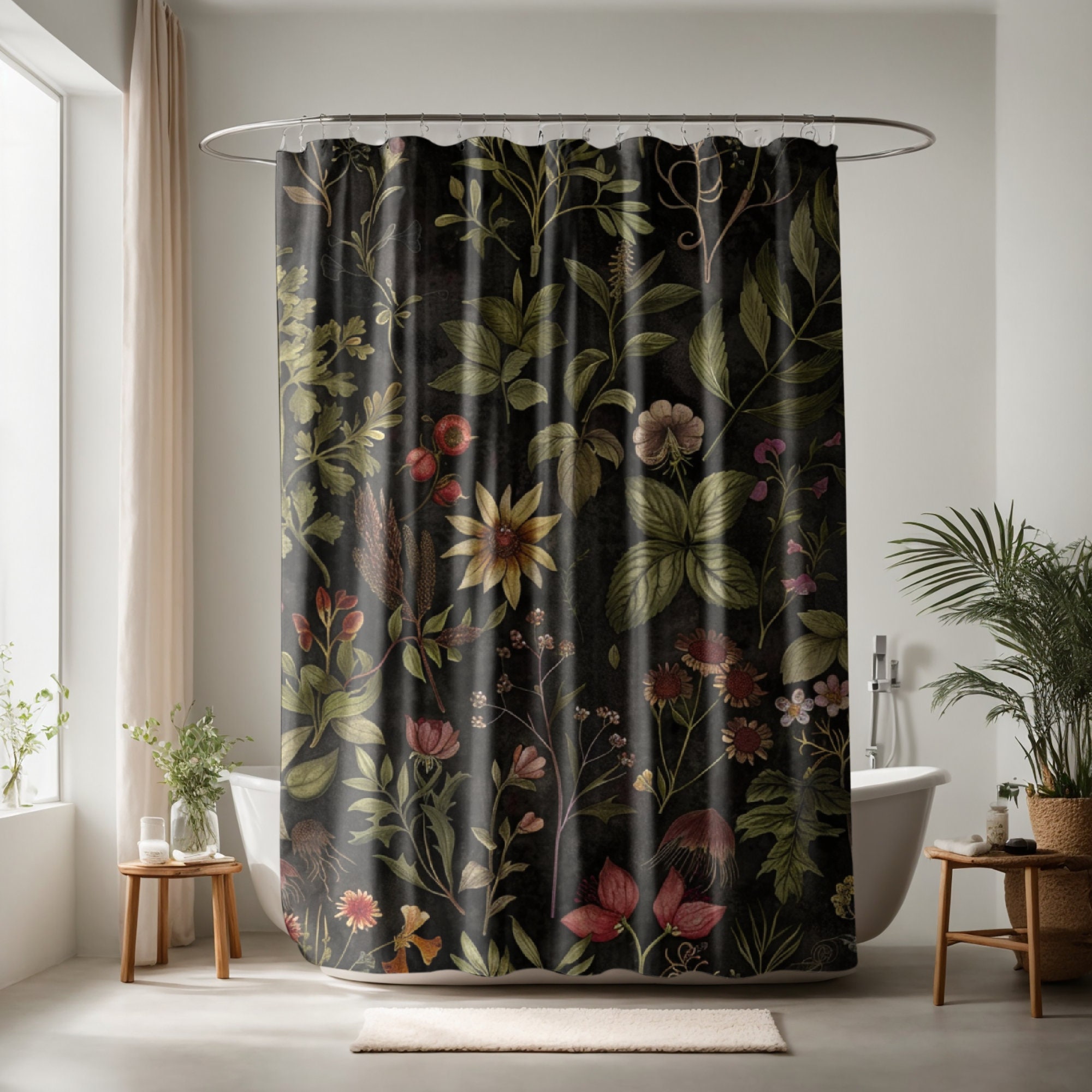 Dark Academia Cottagecore Black Shower Curtain Vintage Apothecary Herbs ...