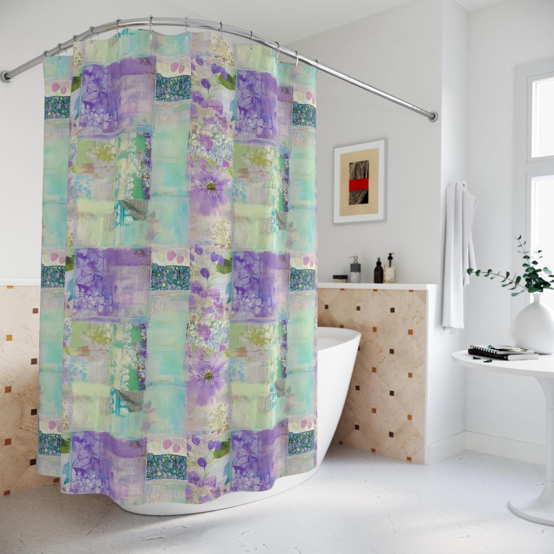 Patchwork Quilt Shower Curtain Purple Mint Green Floral Girly Boho ...