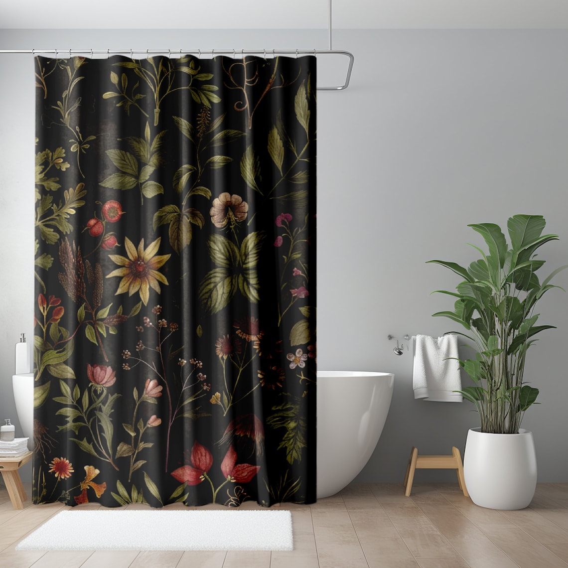 Dark Academia Cottagecore Black Shower Curtain Vintage Apothecary Herbs ...