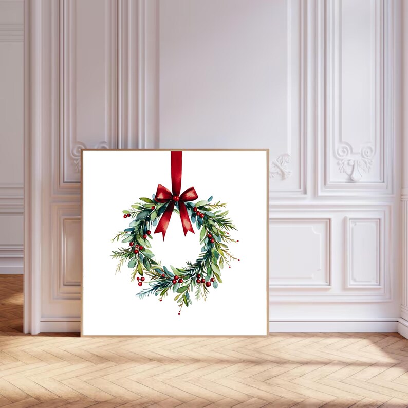 Christmas Wreath Art, Christmas Bow Print, Red Bow Wall Art, Matte ...