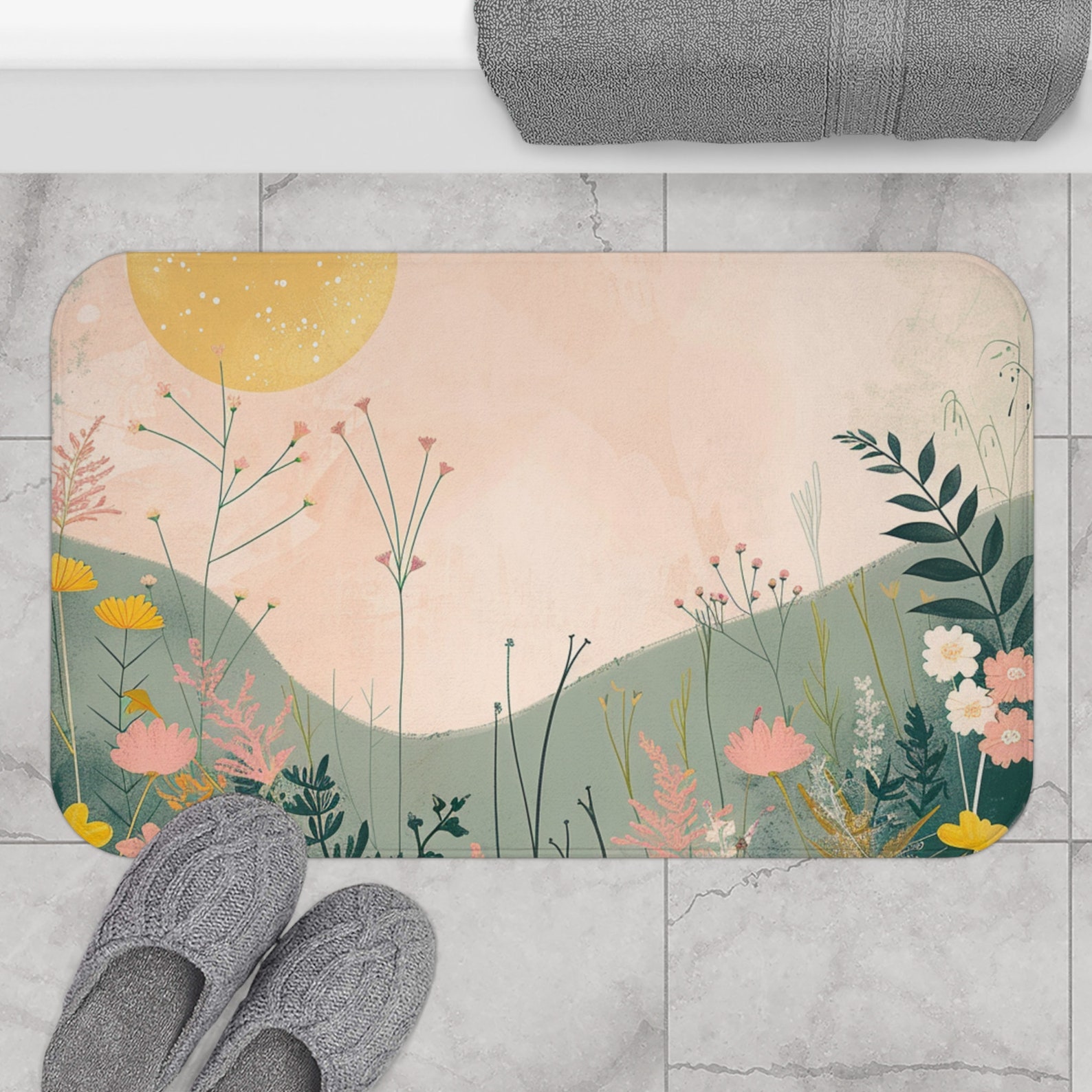 Boho Bath Mat Spring Sun Woman Cave Bath Mat Floral Green Pink Vintage ...