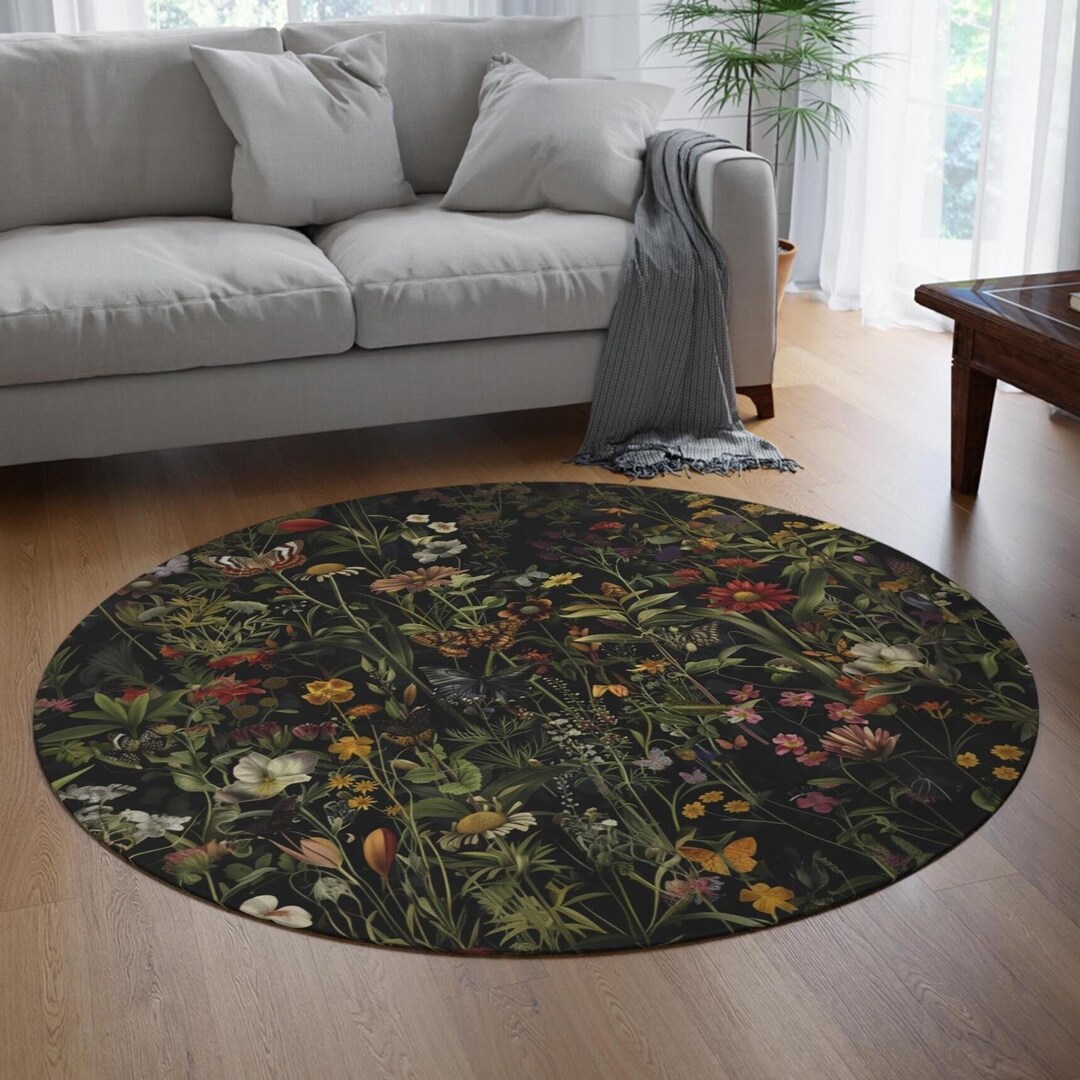 Gothic Botanical Round Area Rug 60" |dark Floral Wildflower |vintage ...
