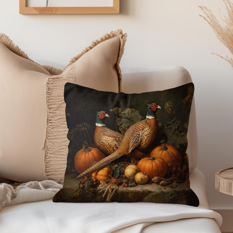 Vintage Pheasant Pumpkins Throw Pillow Cover -wildlife Cabin Decor ...