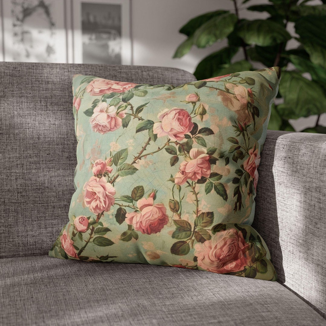 Pink Bold Roses Shabby Chic Throw Pillow Cover, Vintage Pillow, Country ...