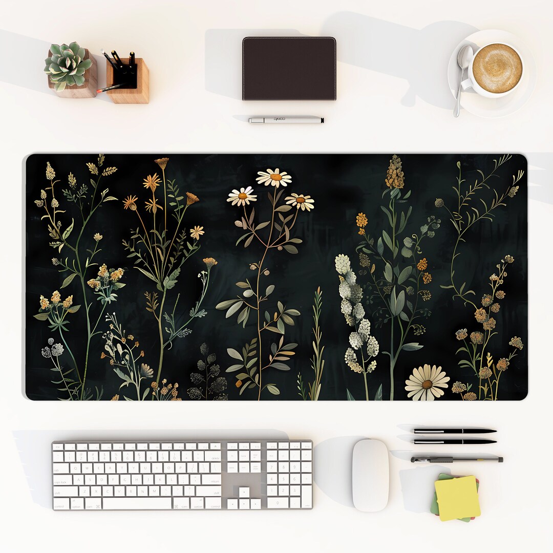 Moody Black Botanical Desk Mat | Vintage Apothecary Herbs & Plants ...