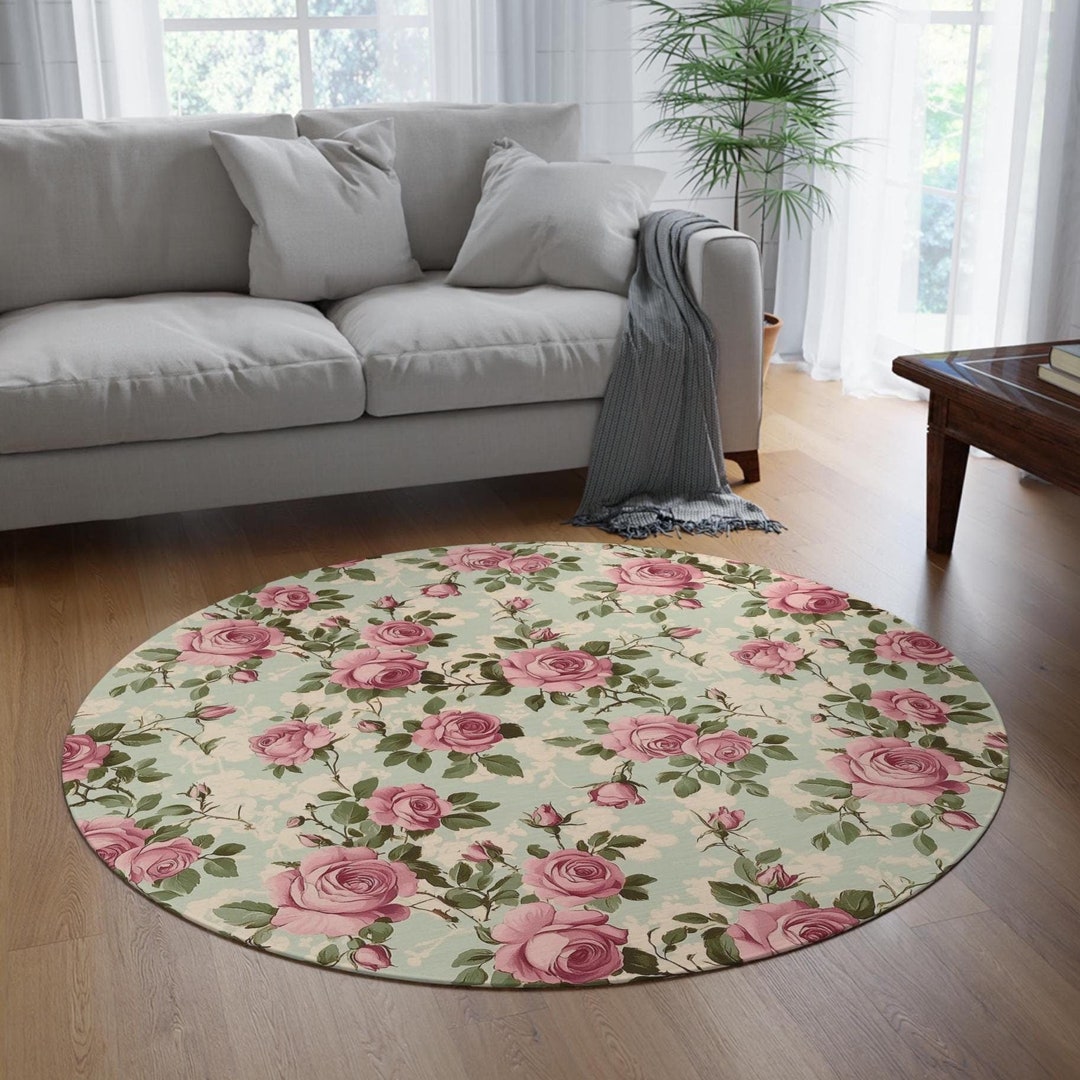 Vintage Victorian Pink Rose Round Area Rug 60" | Shabby Chic Floral ...