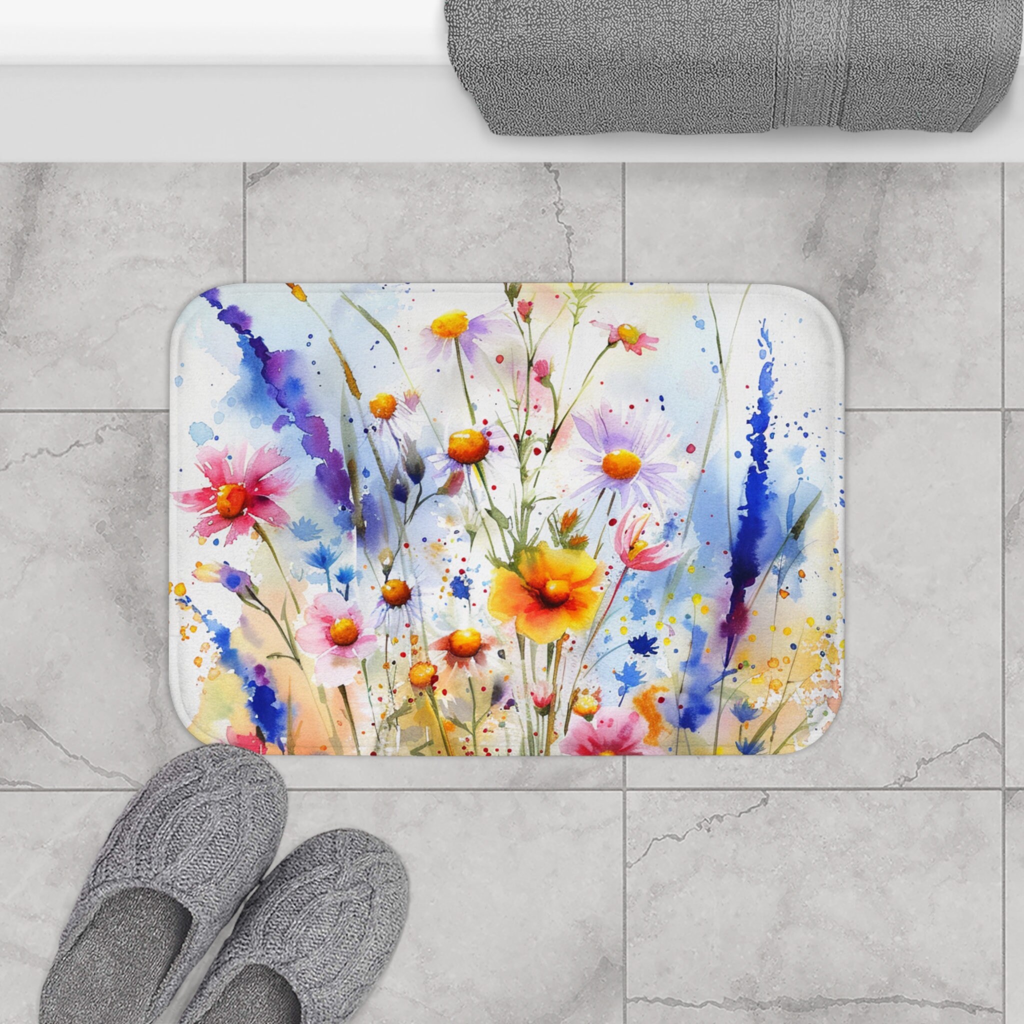 Wildflowers Bath Mat Colorful Floral Bathroom Décor White Blue Green ...