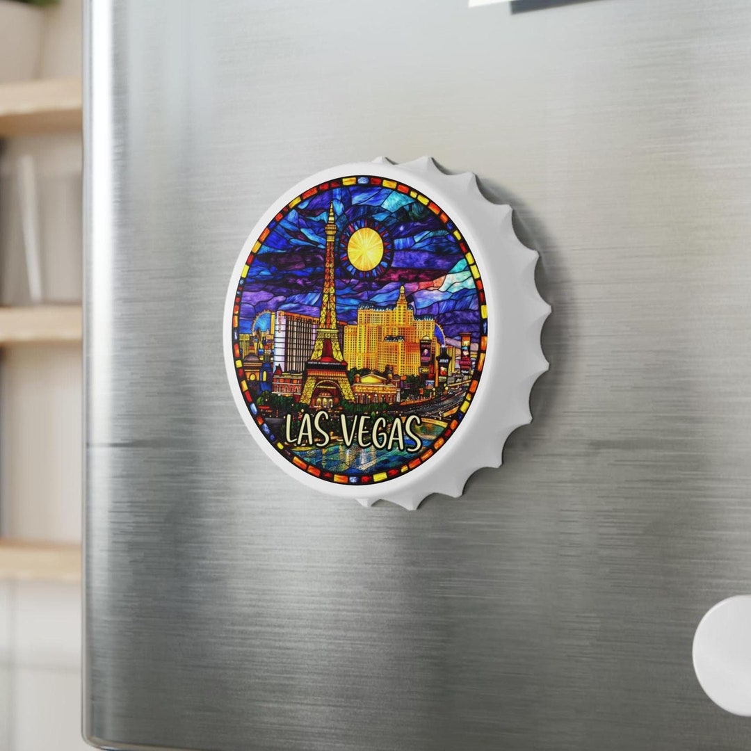 Custom Las Vegas Bottle Opener Magnet faux Stained Glass Design unique ...