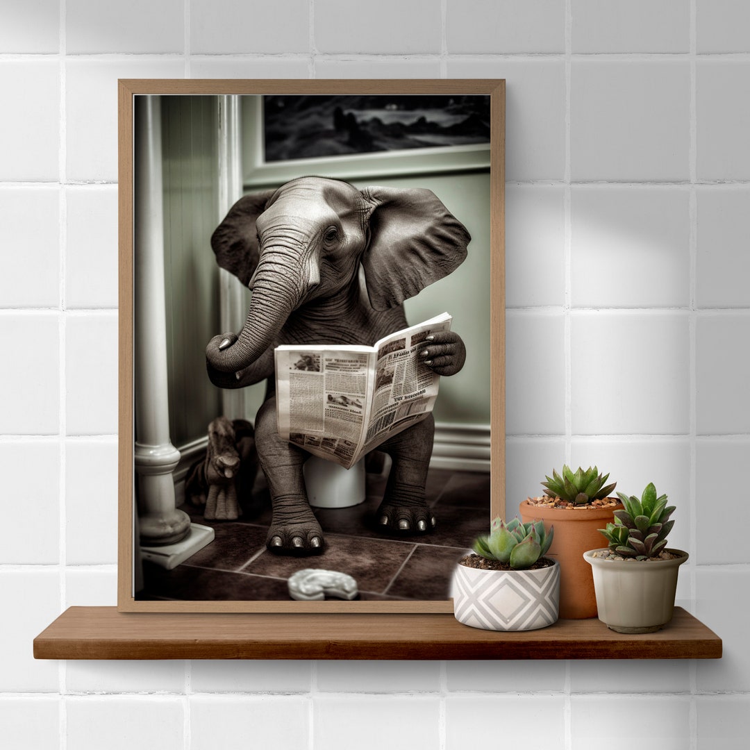 Elephant on Toilet Reading the Newspaper Bathroom Funny A4 Art Print - Etsy