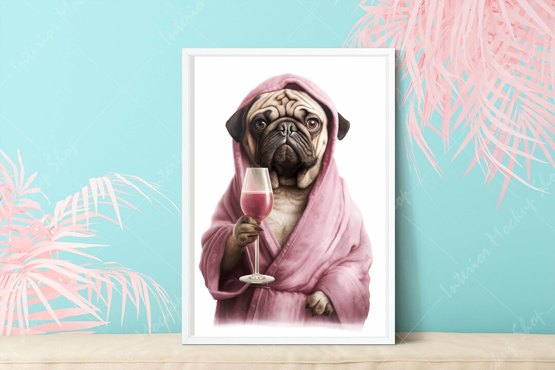 Pug Portrait - Pug in a Pink Dressing Gown - Animal in Human Clothes ...