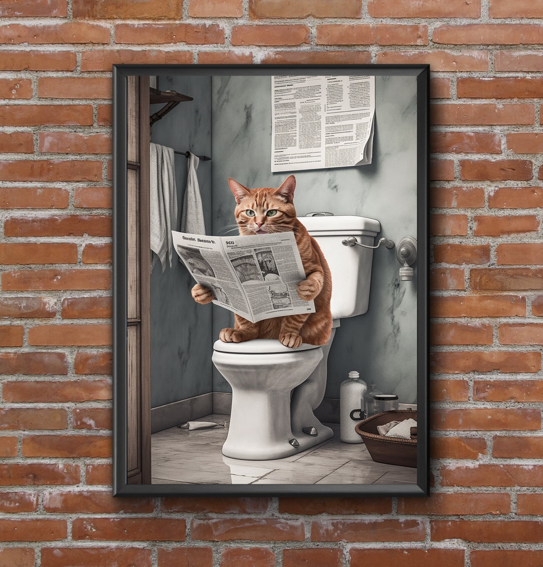 Ginger Cat on Toilet Reading the Newspaper - Bathroom Cat Art Print ...