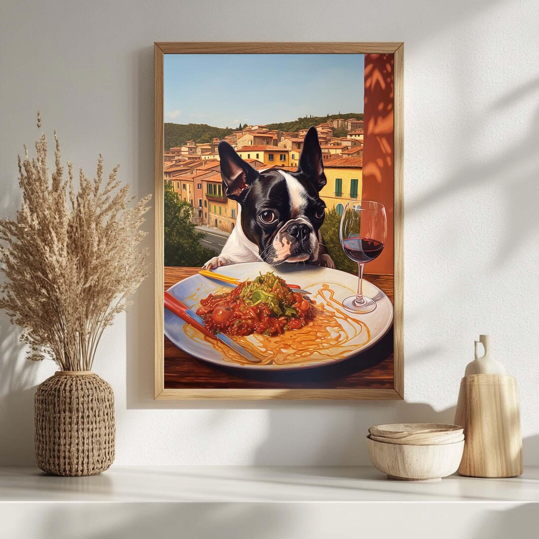 Italian Inspired Boston Terrier Eating Spaghetti Funny A4 Art Print ...