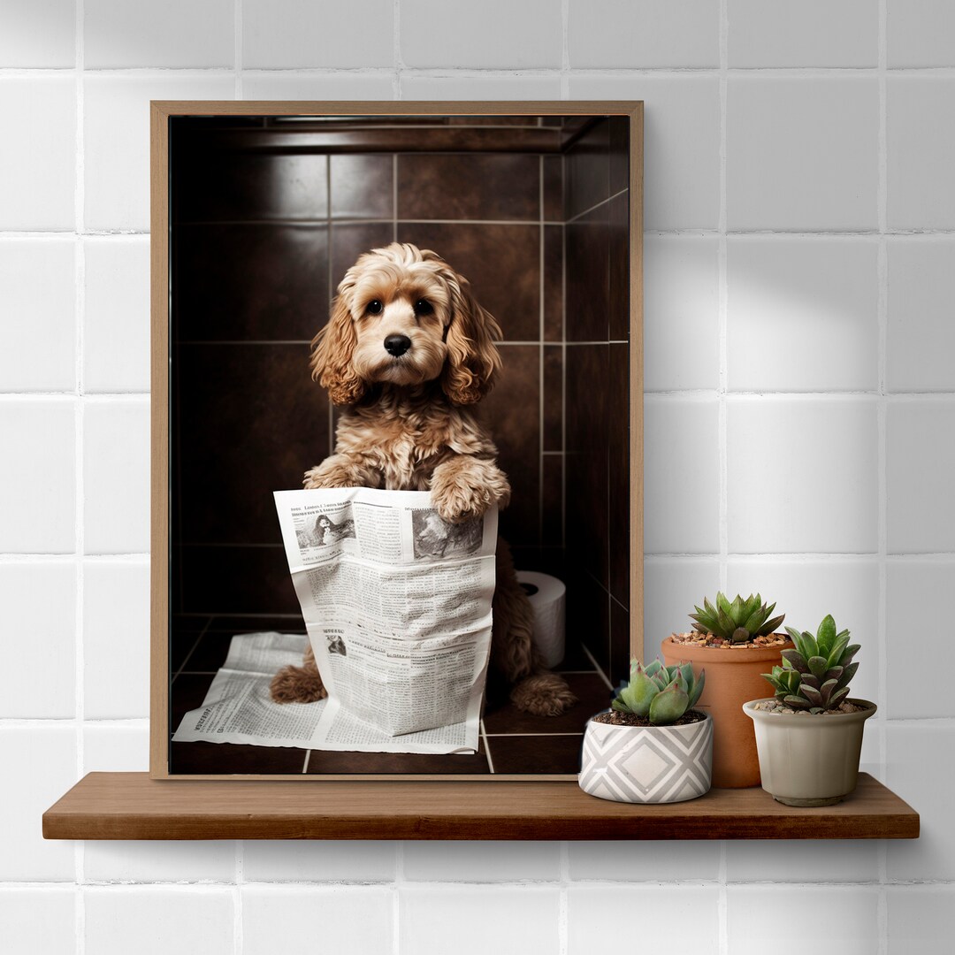 Cockapoo on Toilet Reading the Newspaper Bathroom - Funny Dog Art Print ...