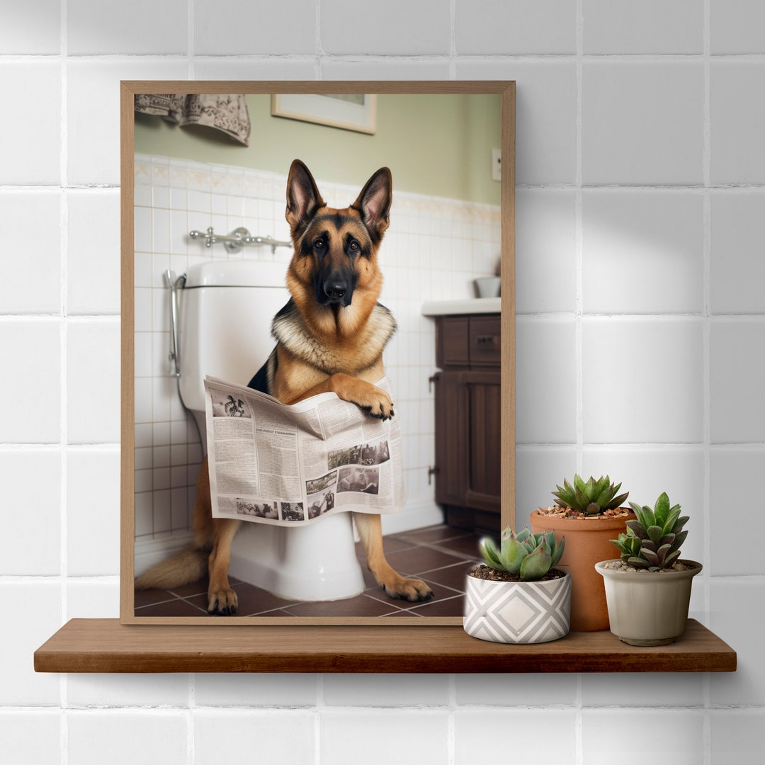 German Shepherd on Toilet Reading the Newspaper- Bathroom Funny A4 Art ...