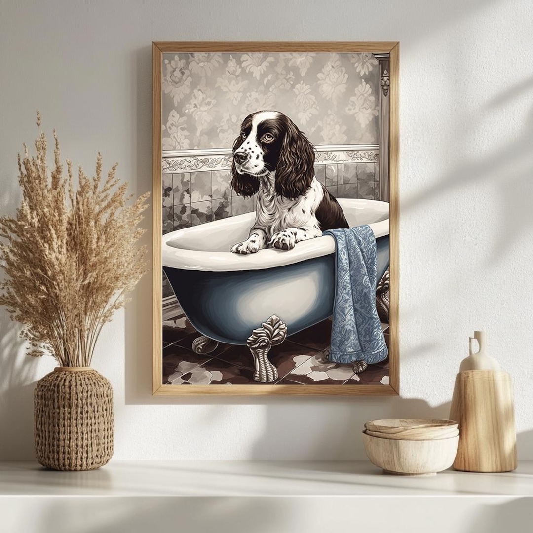 Springer Spaniel in Bath, Bathroom Wall Art, Watercolour Sketch A4 Art ...