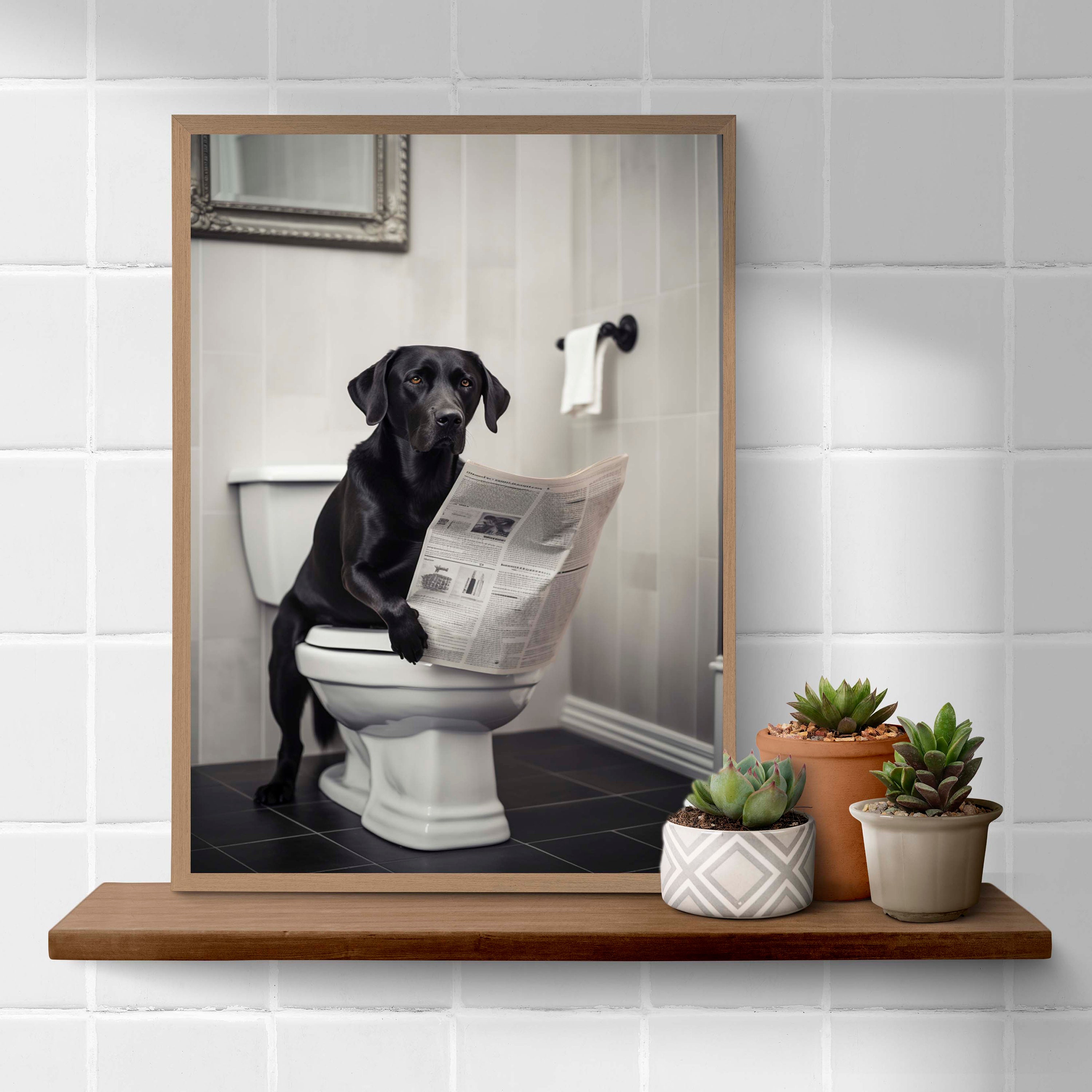 Black Labrador on Toilet Reading the Newspaper Bathroom Funny A4 Art ...