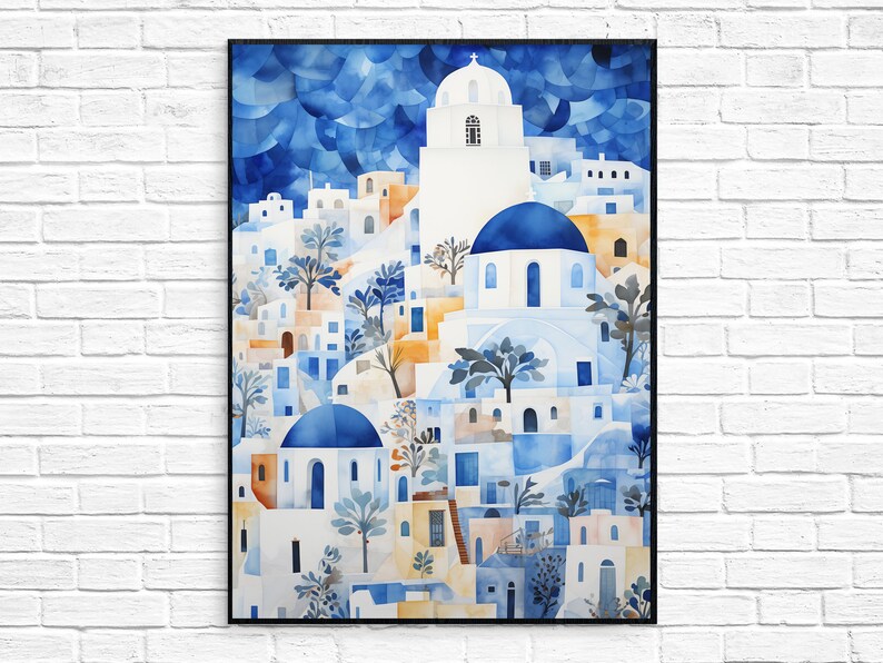 Greek Painting Spring Cityscape Watercolour, Greece Watercolour ...