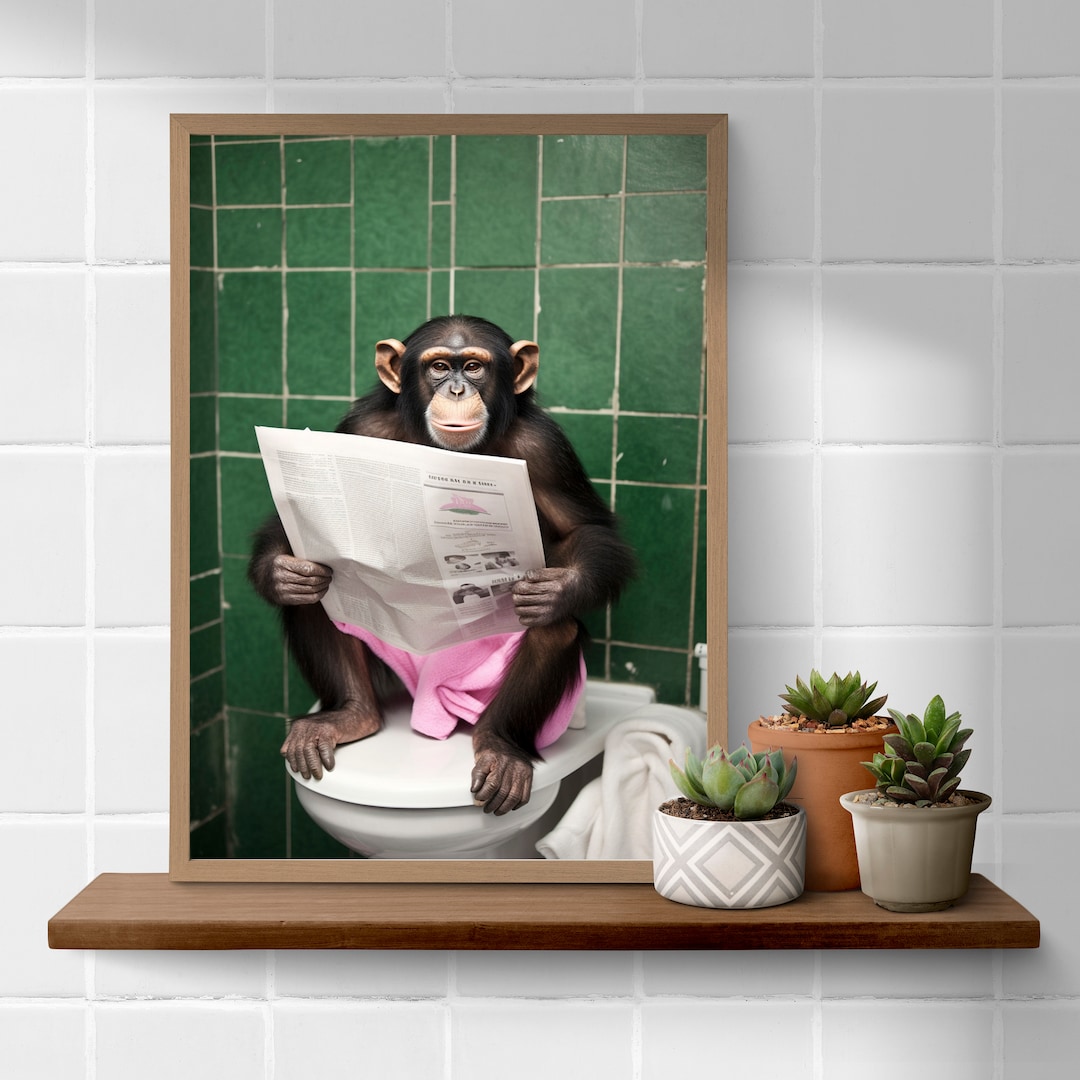 Chimpanzee on Toilet Reading the Newspaper - Bathroom Funny Art Print ...