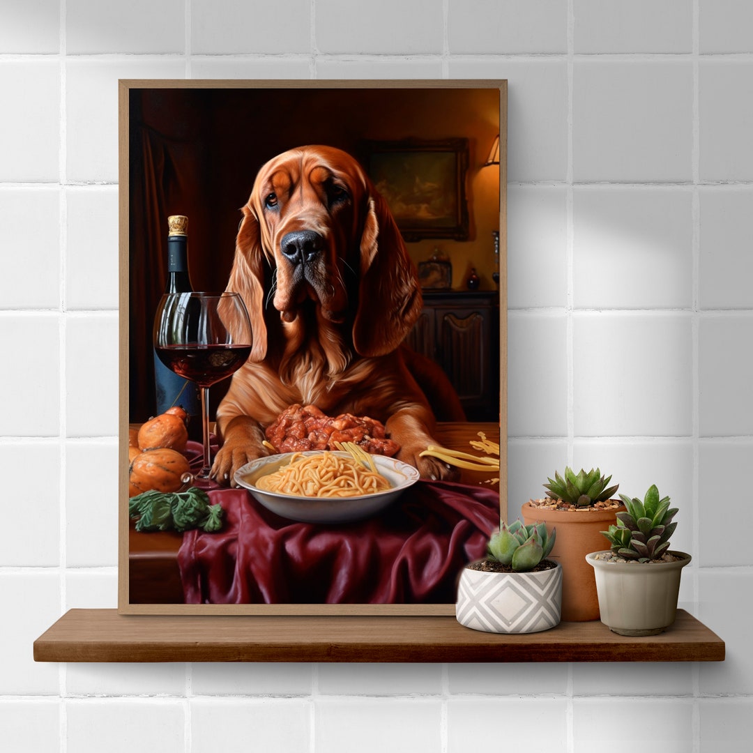 Italian Inspired Bloodhound Eating Spaghetti Funny A4 Art Print ...