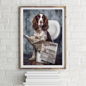 Springer Spaniel on Toilet Reading the Newspaper Bathroom Funny A4 Art ...