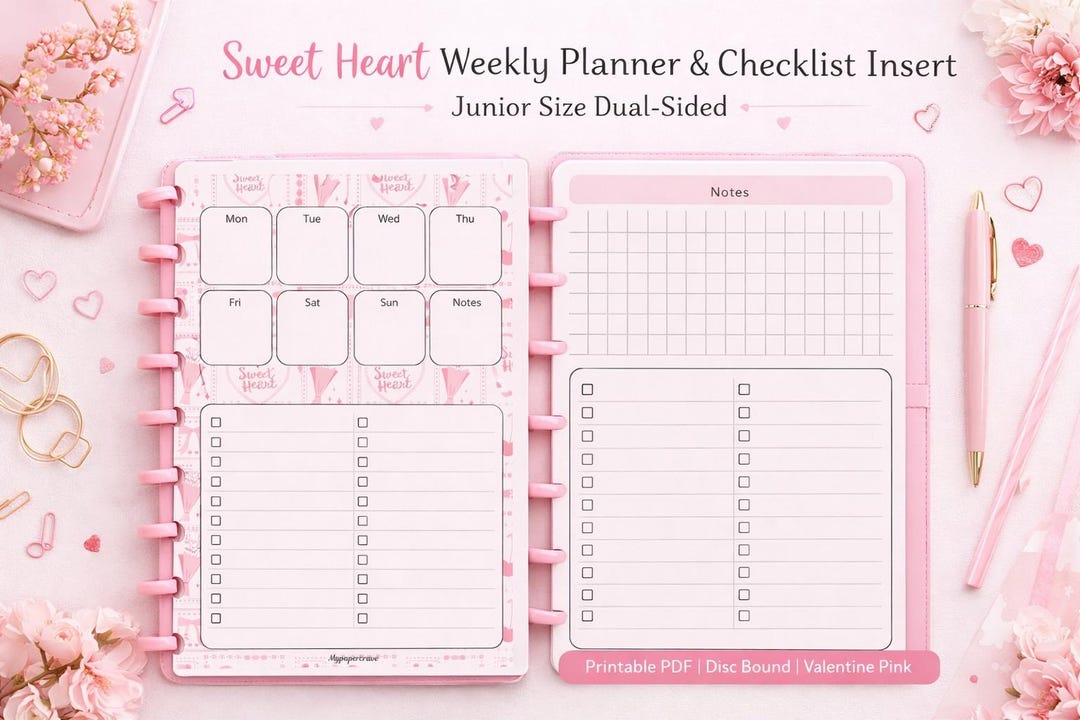 Sweet Heart Weekly Planner & Checklist Insert | Valentine Pink Planner ...