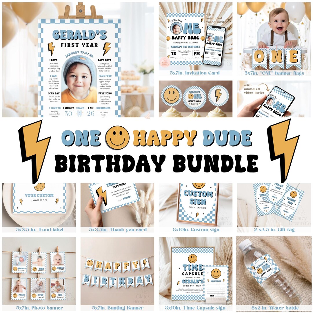 EDITABLE One Happy Dude Blue Invitation Template | Smiley Face Party ...