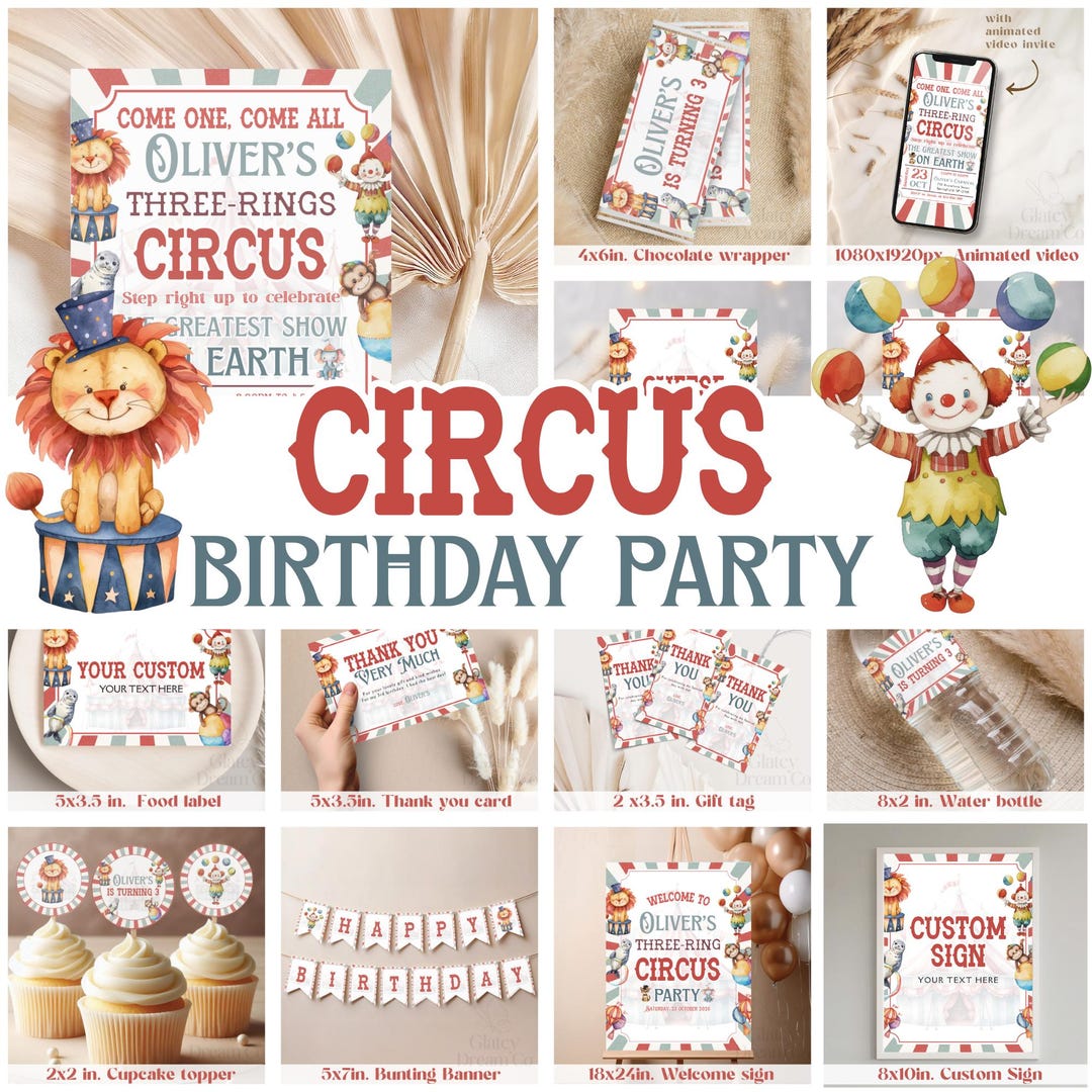EDITABLE Three Ring Circus Vintage Carnival Bundle 3rd Birthday Video ...