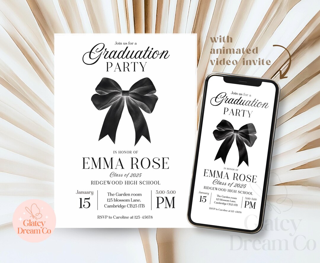 EDITABLE Black Bow Graduation Invitation Save the Date Template Modern ...